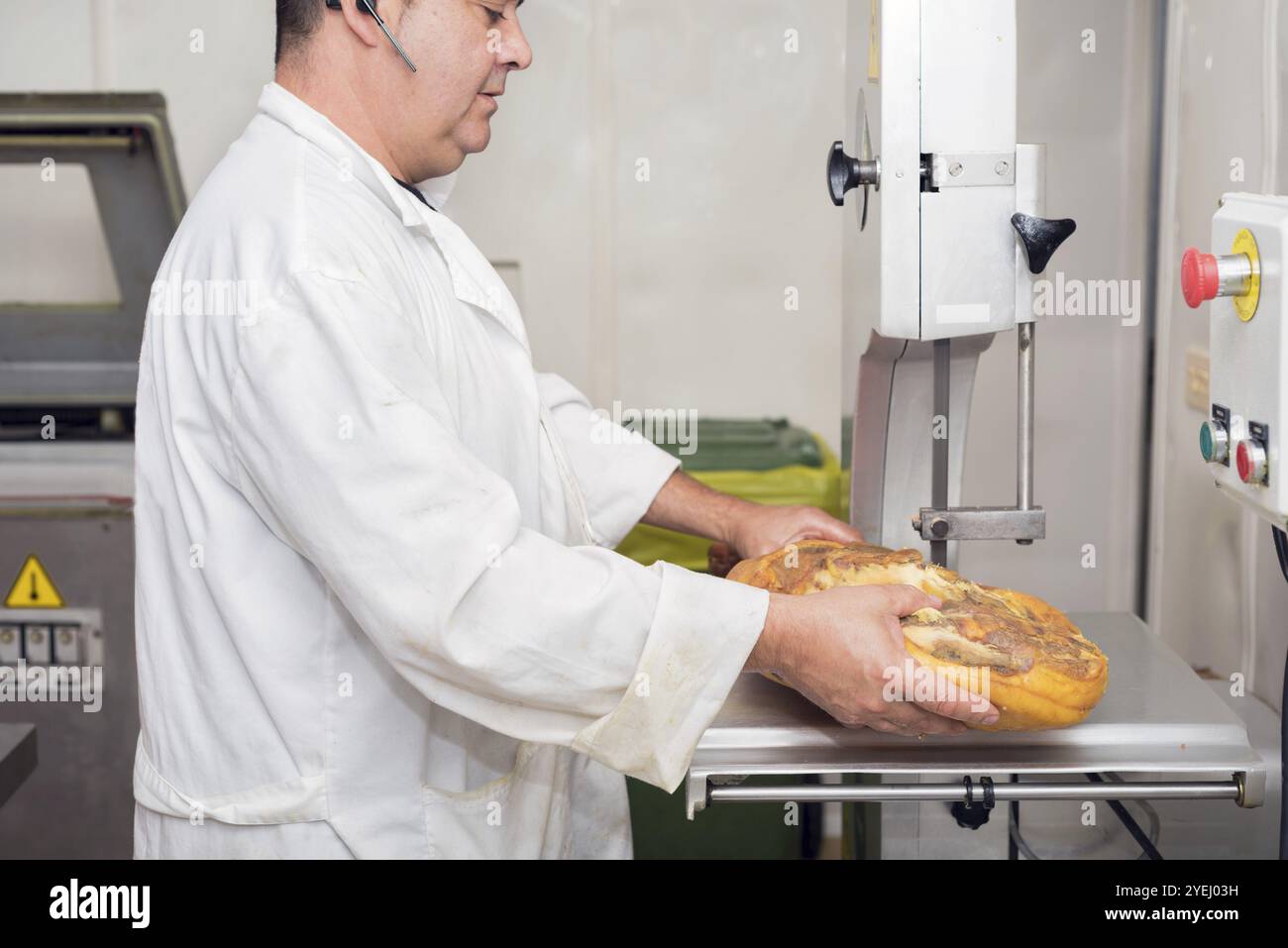Close up of worker hands in the industrial process of cutting iberian ...