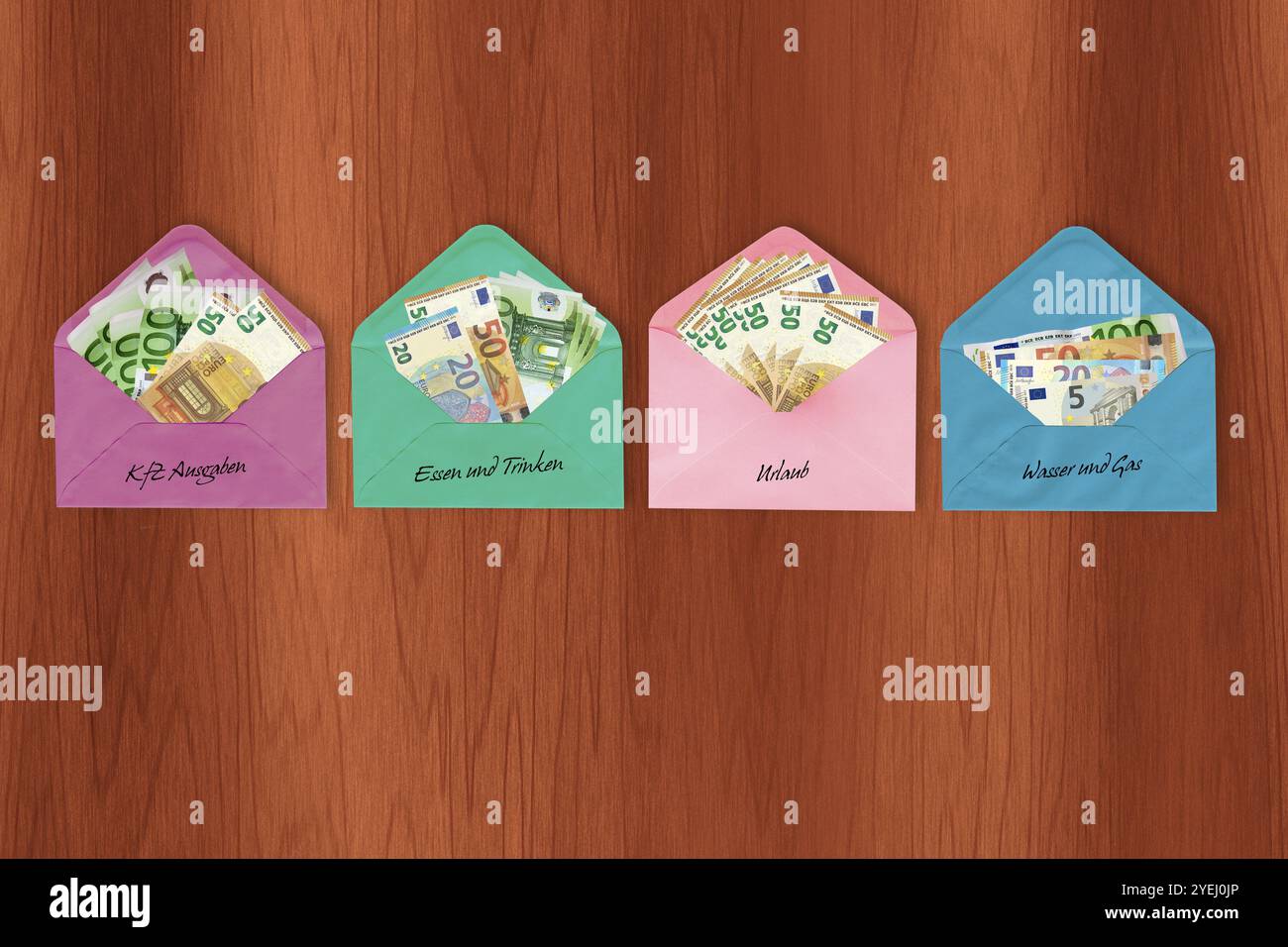 Cash stuffing, variable expenses, pots of money Stock Photo - Alamy