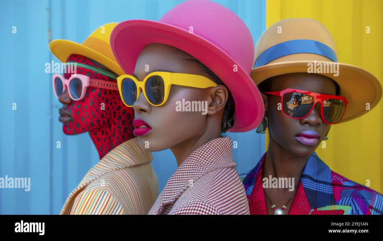 Three models with colorful hats and sunglasses in a vibrant and stylish ...