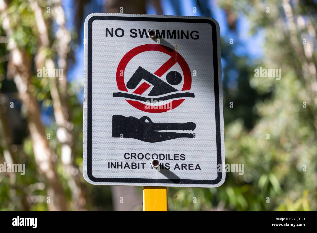 Warning sign stating "No Swimming" with a depiction of a swimmer ...