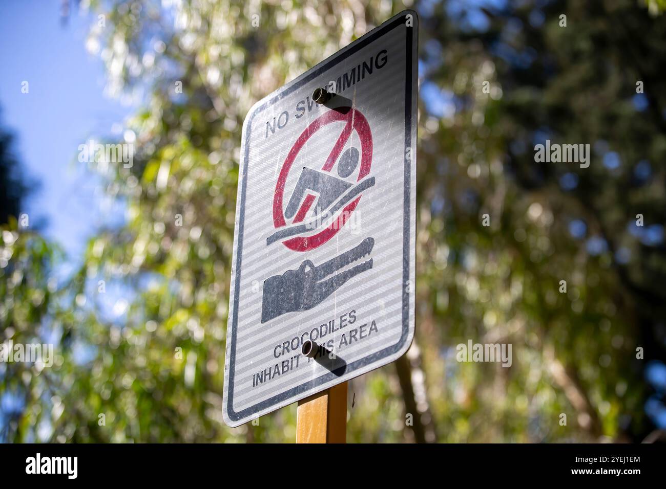 Warning sign stating "No Swimming" with a depiction of a swimmer ...