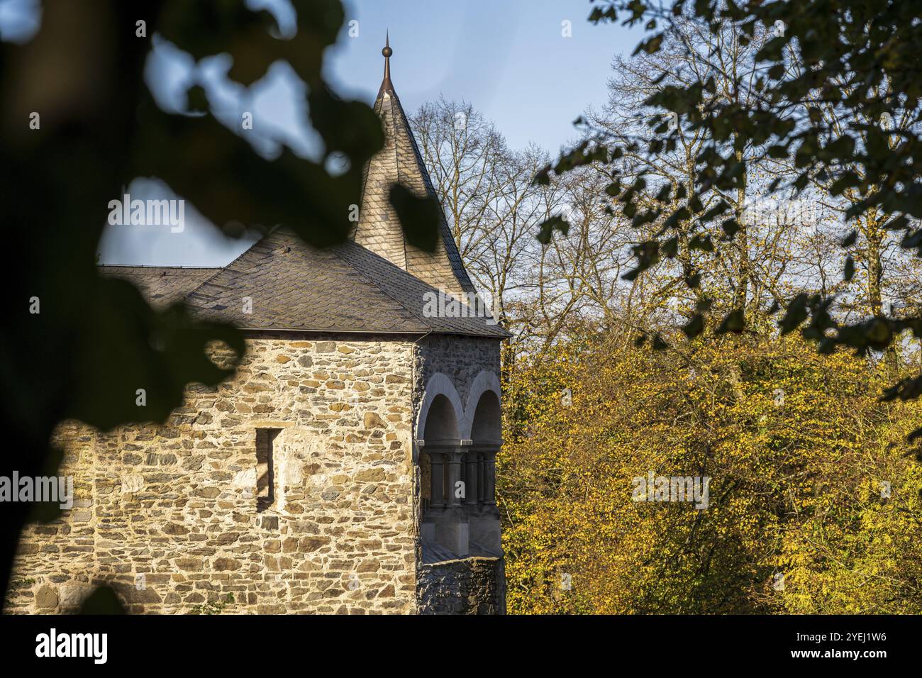 Medieval castle with stone roof and spire next to trees, Burg Castle in ...