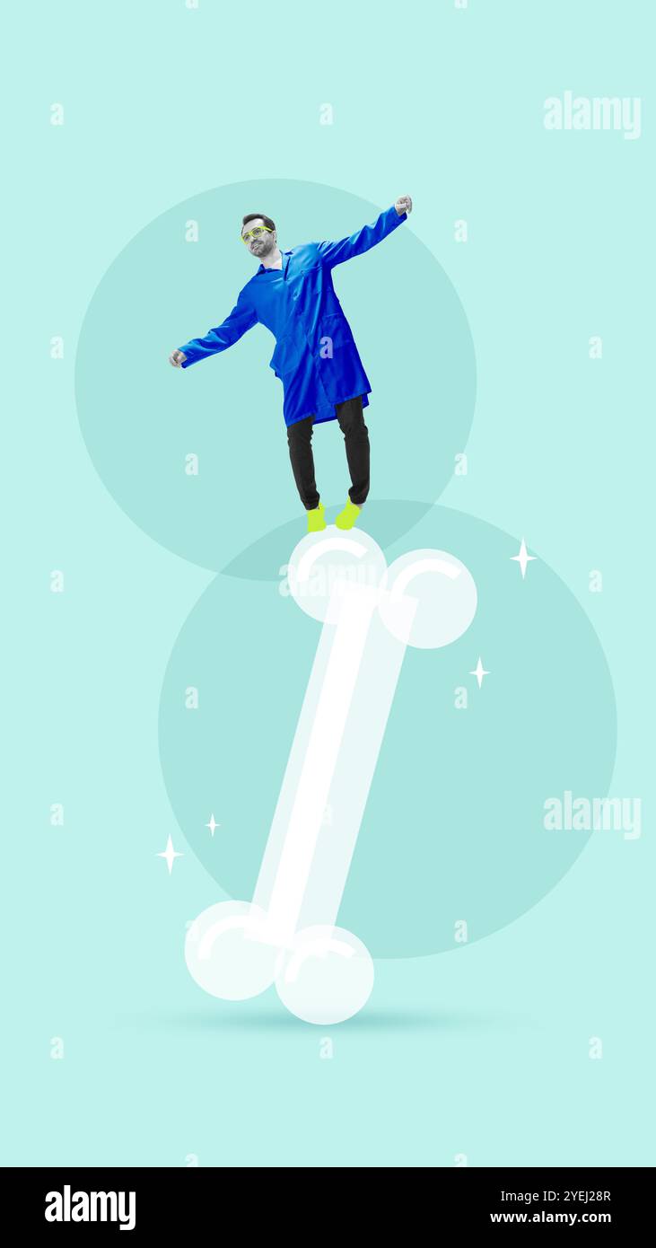 Contemporary art collage. Medical professional balancing on large bone ...