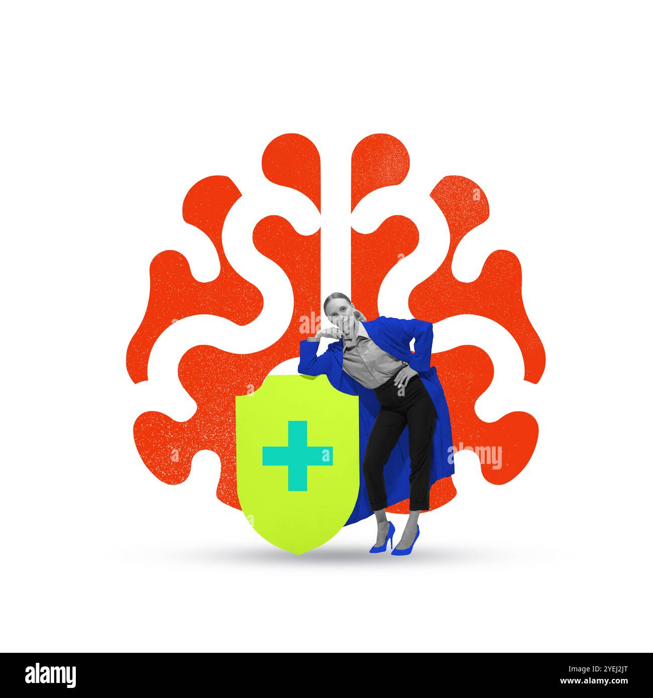 Contemporary art collage. healthcare professional stands with shield in ...