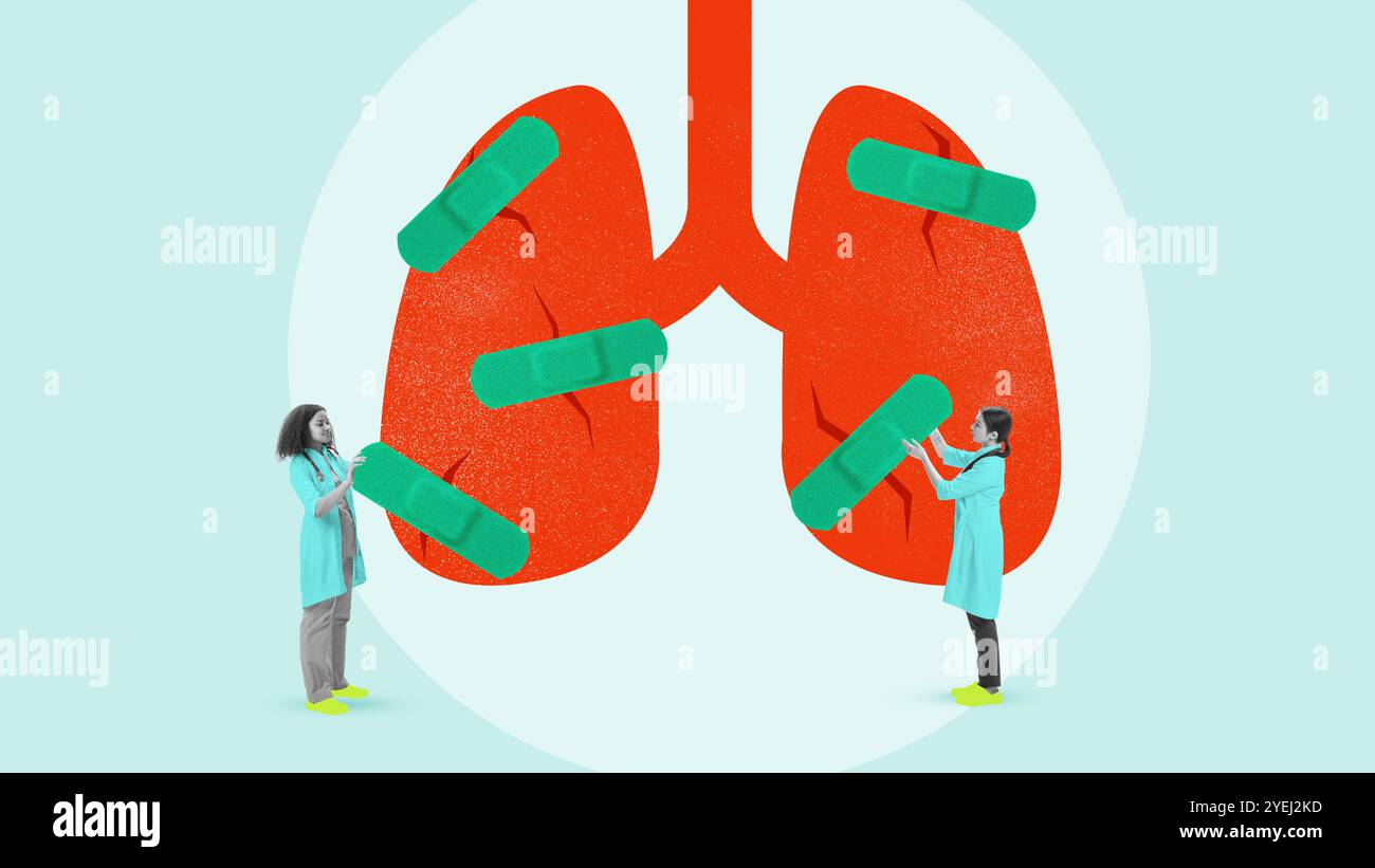 Contemporary art collage. Healthcare workers apply patches to diagram ...