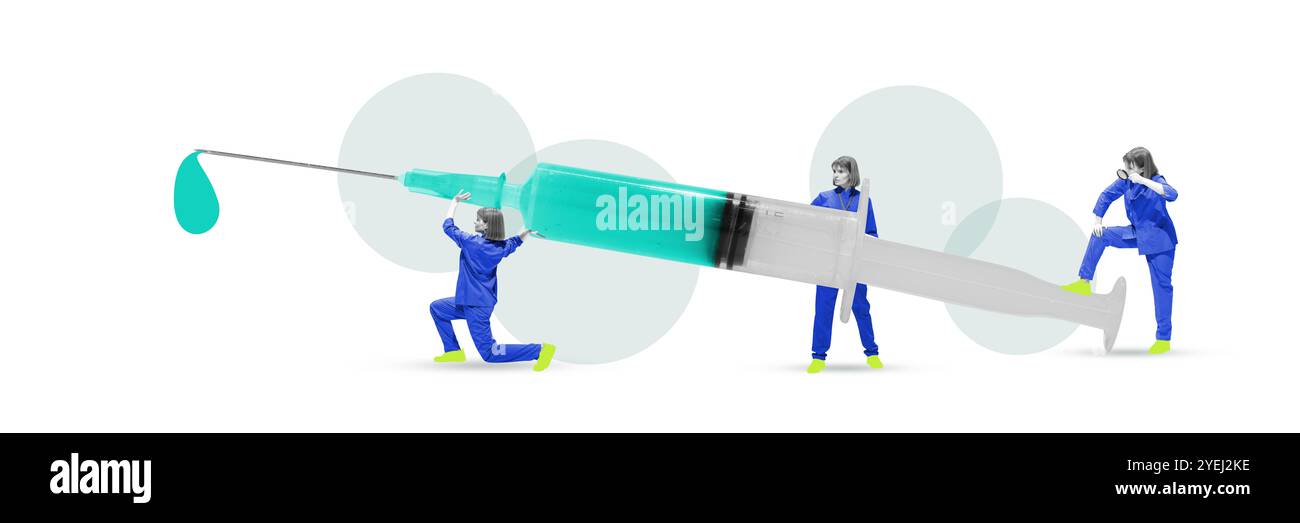 Banner. Contemporary art collage. Healthcare workers handle large ...