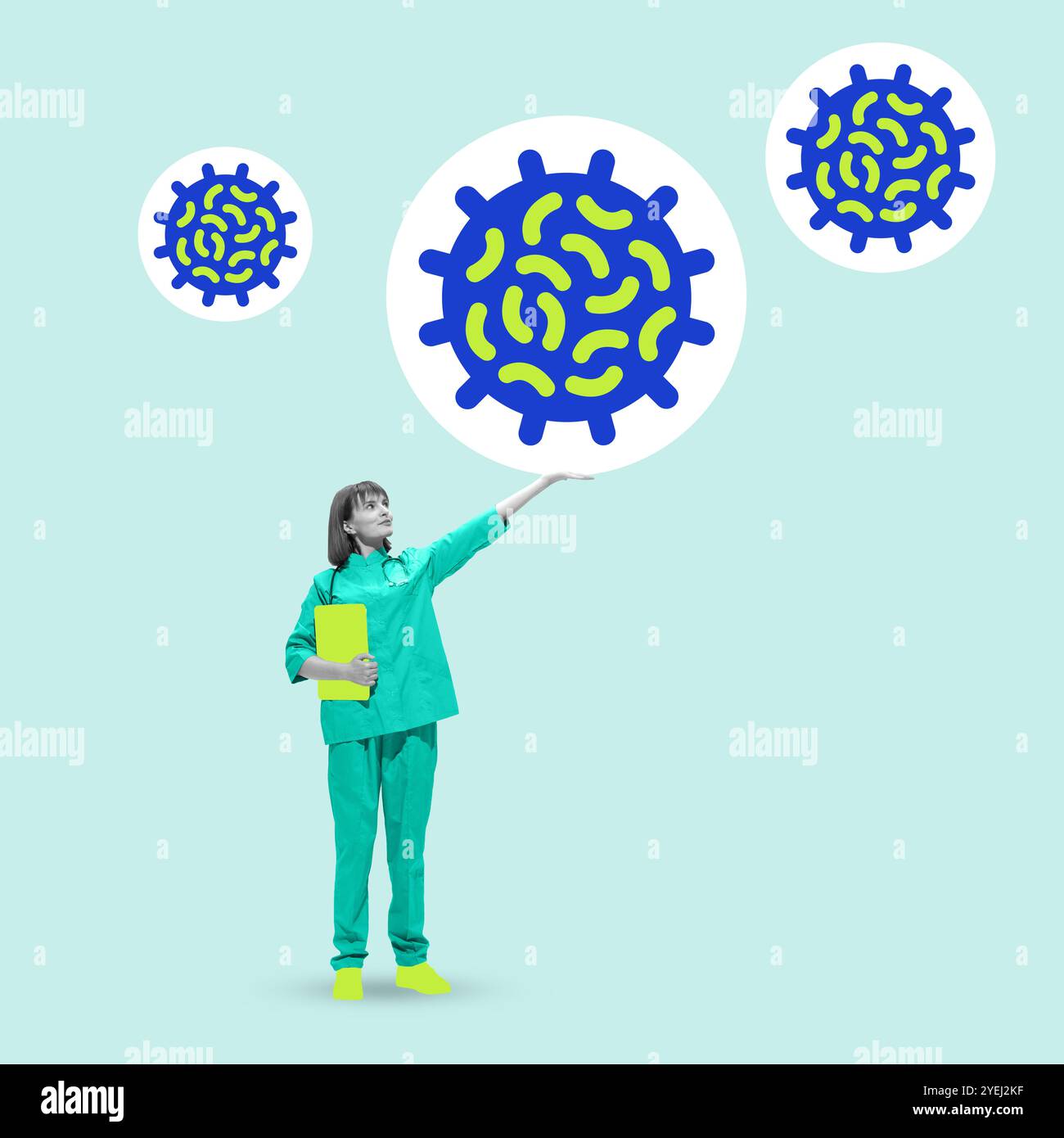 Contemporary art collage. Healthcare worker examines virus cells ...