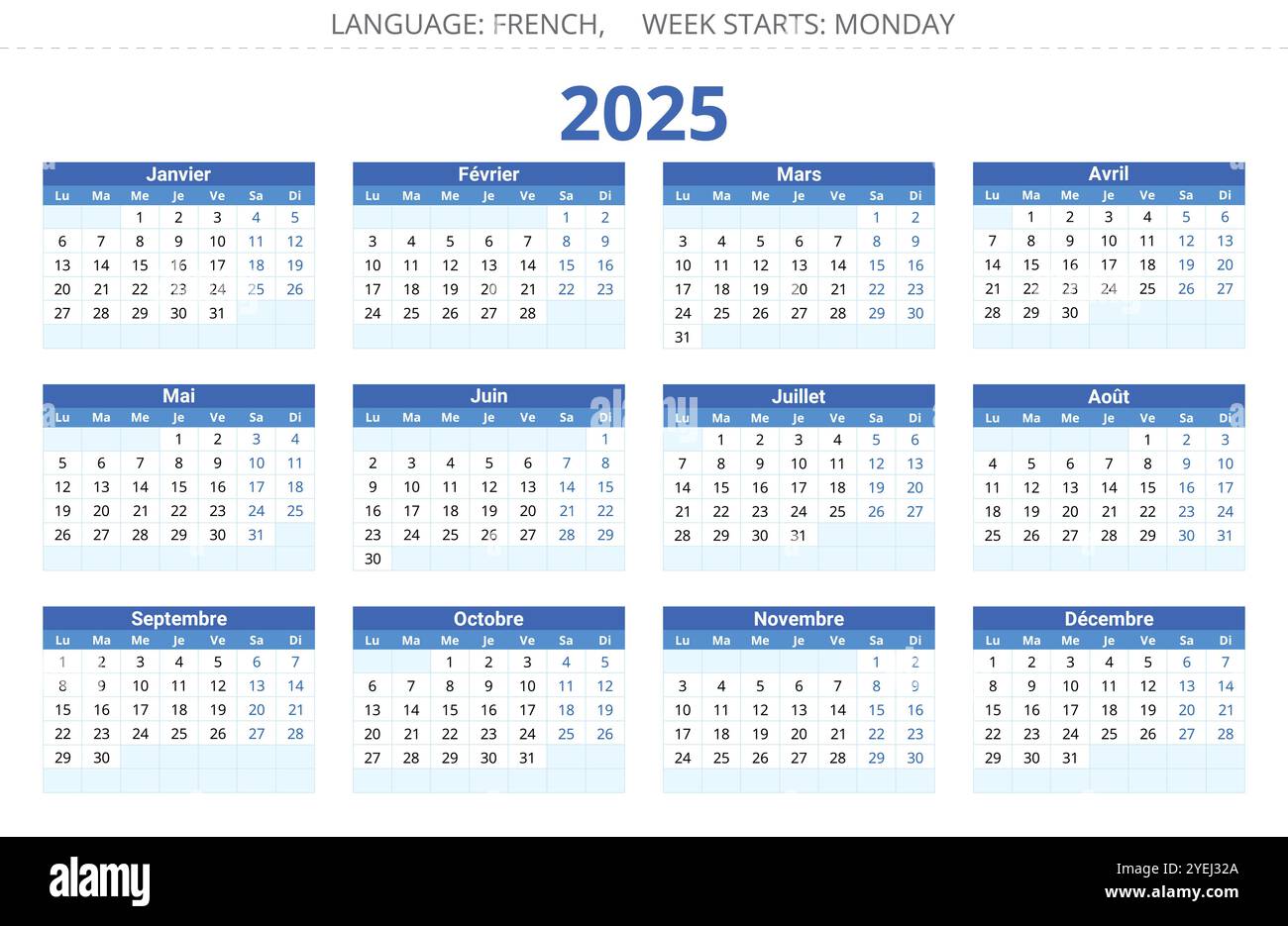 2025 french calendar - calendrier. Editable vector illustration in blue ...