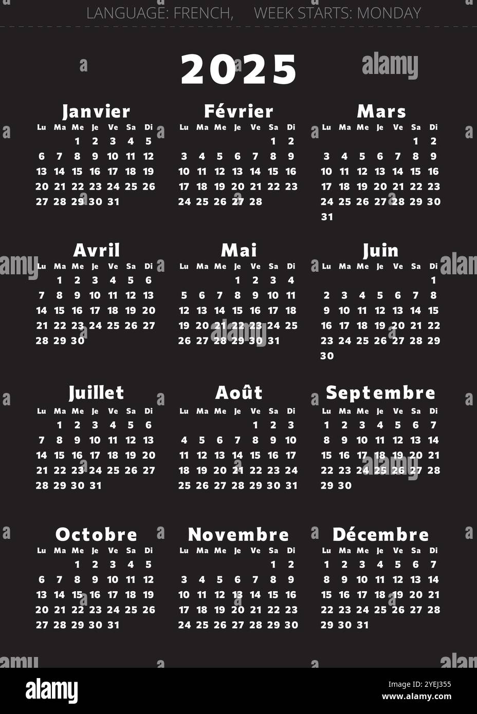 2025 french calendar - calendrier. Vector illustration for France on ...