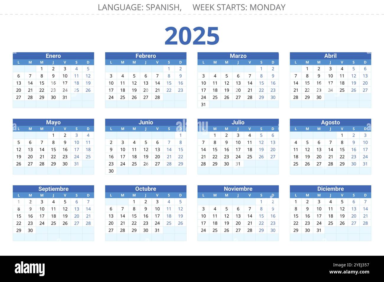 2025 year spanish calendar. Printable vector illustration for Spain ...