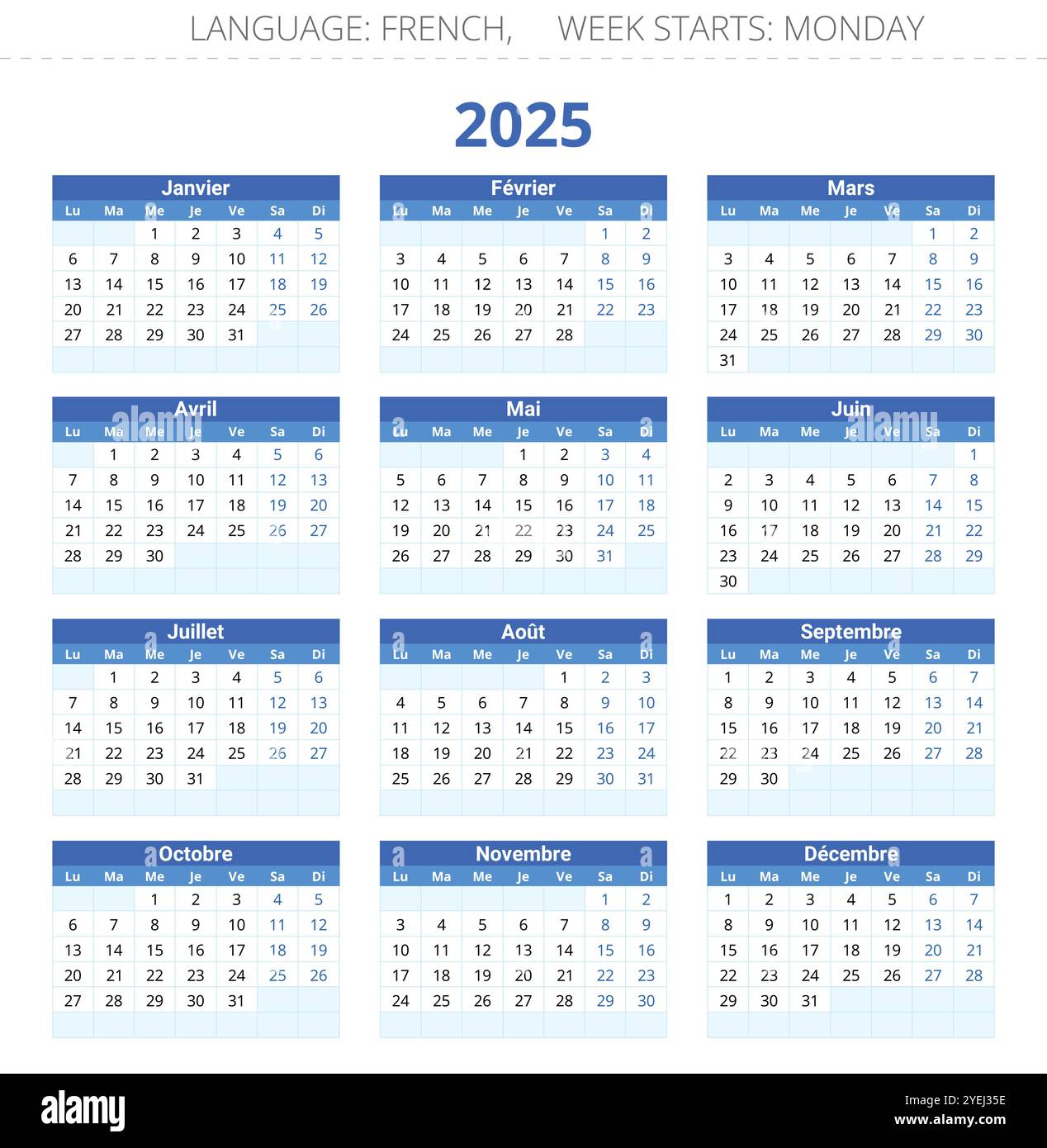 2025 french calendar - calendrier. Editable vector illustration in blue ...