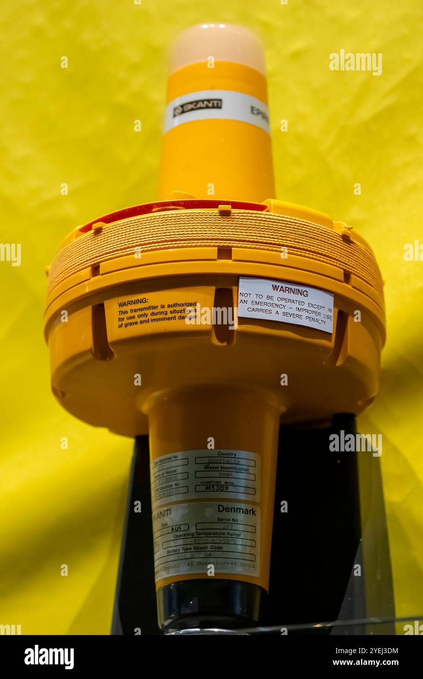 Close-up of an emergency position-indicating radio beacon (EPIRB) device, used for maritime ...