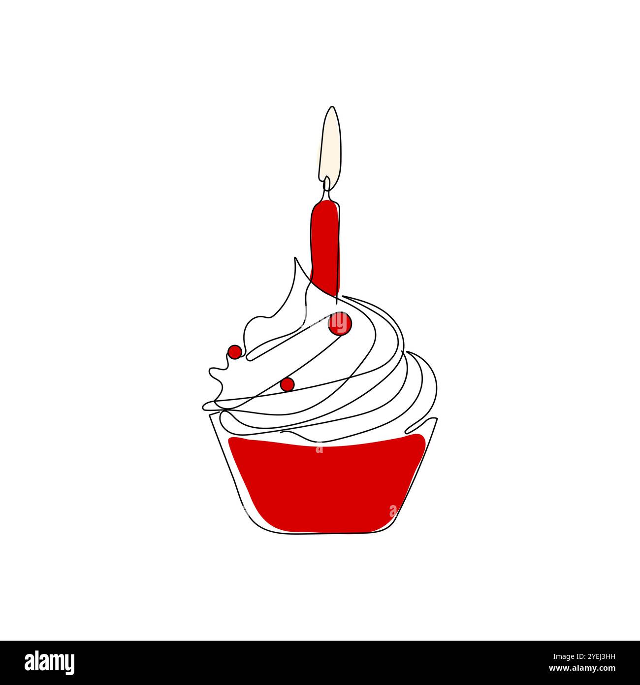 Birthday sweet cupcake with cream and candle. Hand drawn celebration dessert. One single line ...