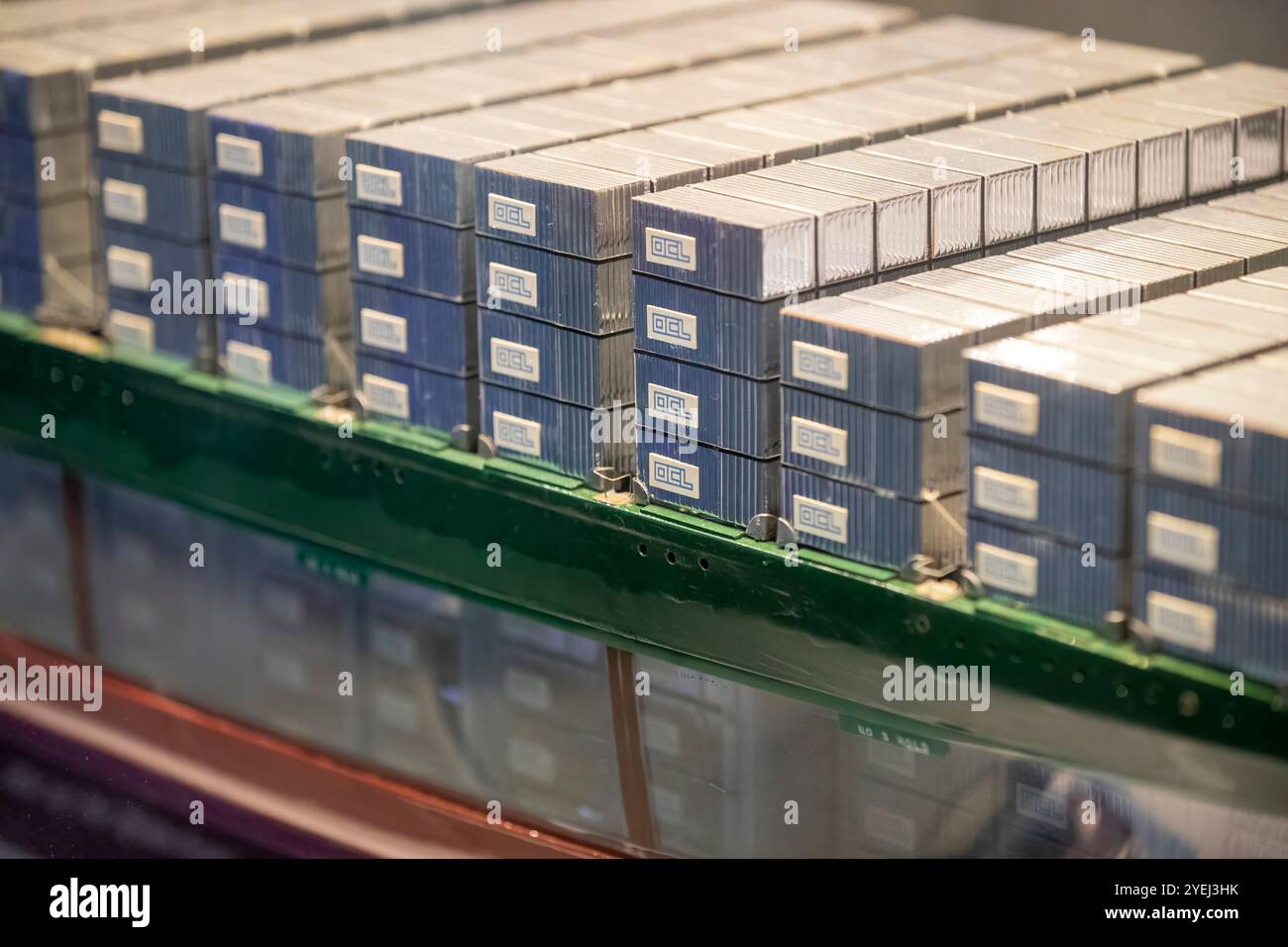 Close-up of a model of stacked cargo containers, representing a ...