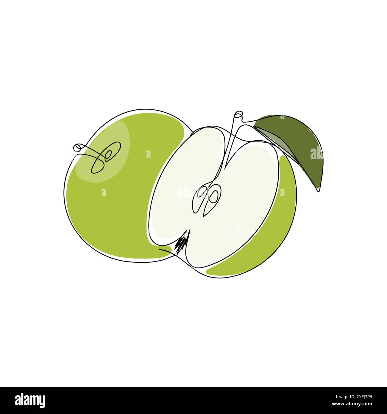 Green apple one continuous line drawing. Sliced and whole organic apple ...