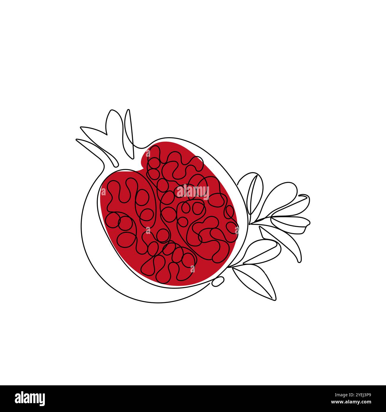 Pomegranate fruit. Cutaway pomegranate in one line drawing style. Half ...