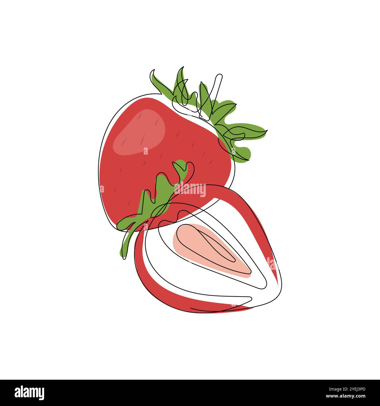 Red strawberry. One continuous line drawing style. Sliced and whole ...