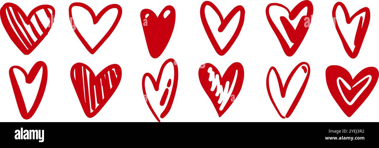 Rough doodle red hearts drawings isolated on white background. Hand ...