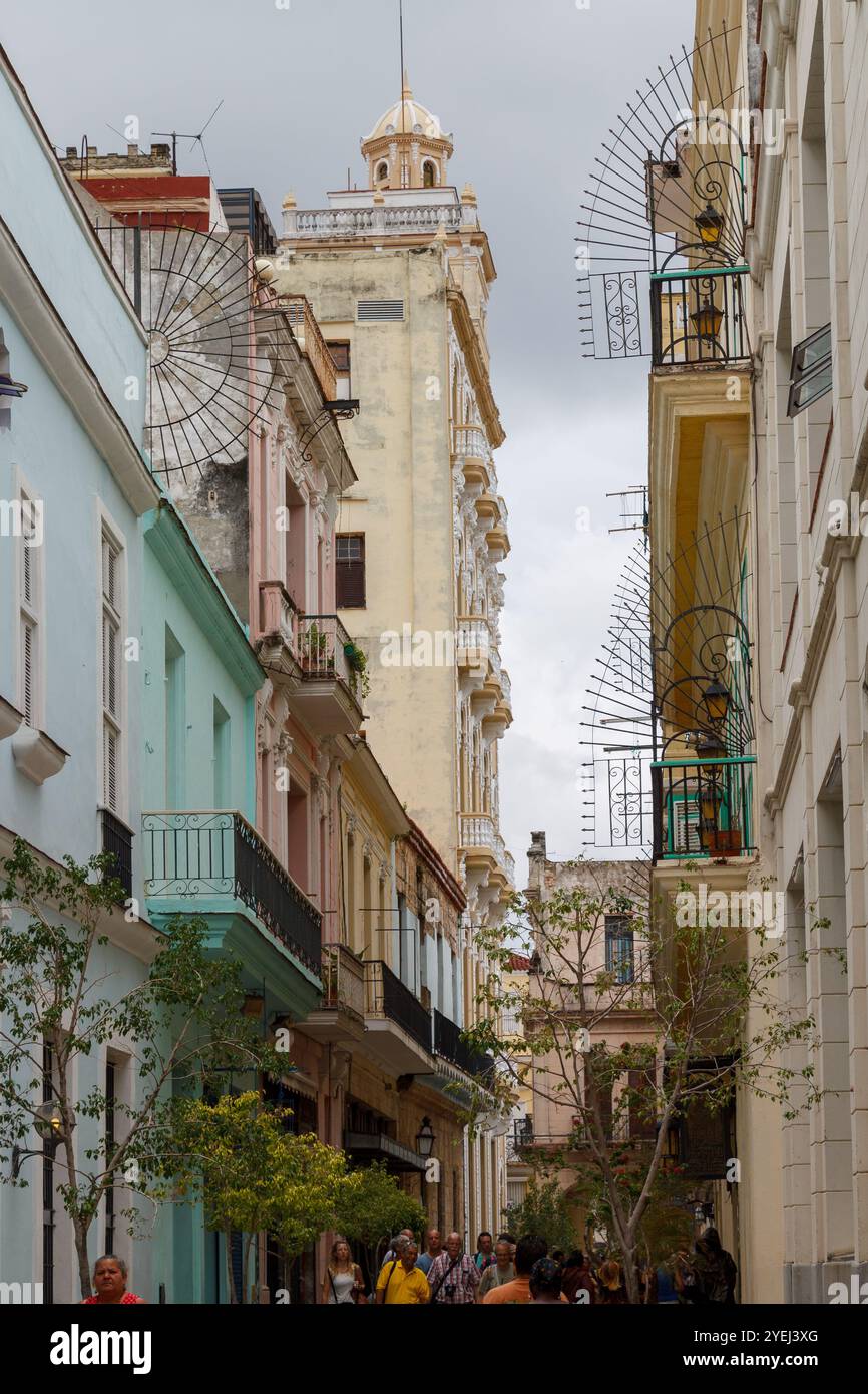 The Colonial architecture at the narrow streets of downtown La Habana ...