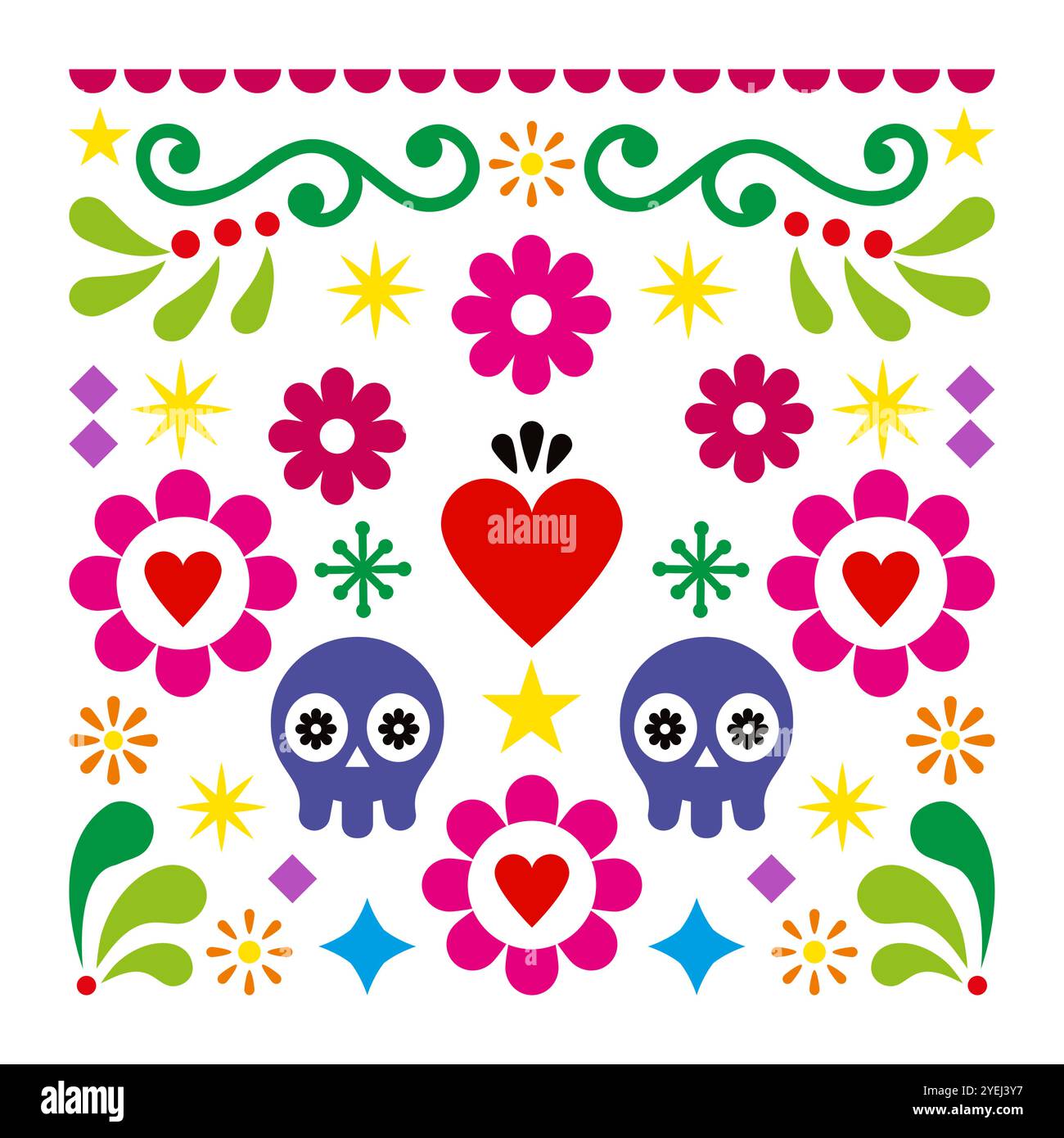 Mexican folk art vector design with skulls flowers, colorful floral ...