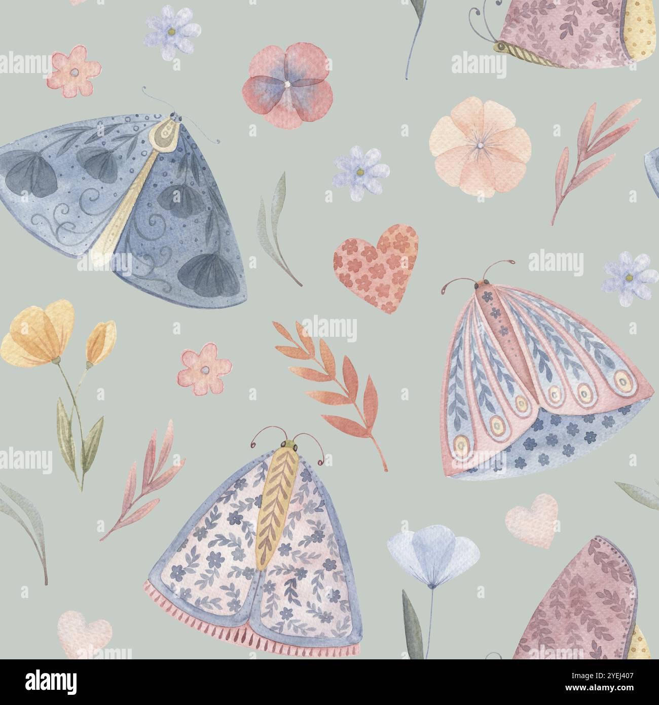 Boho Butterfly seamless pattern with flower and heart on the mint ...