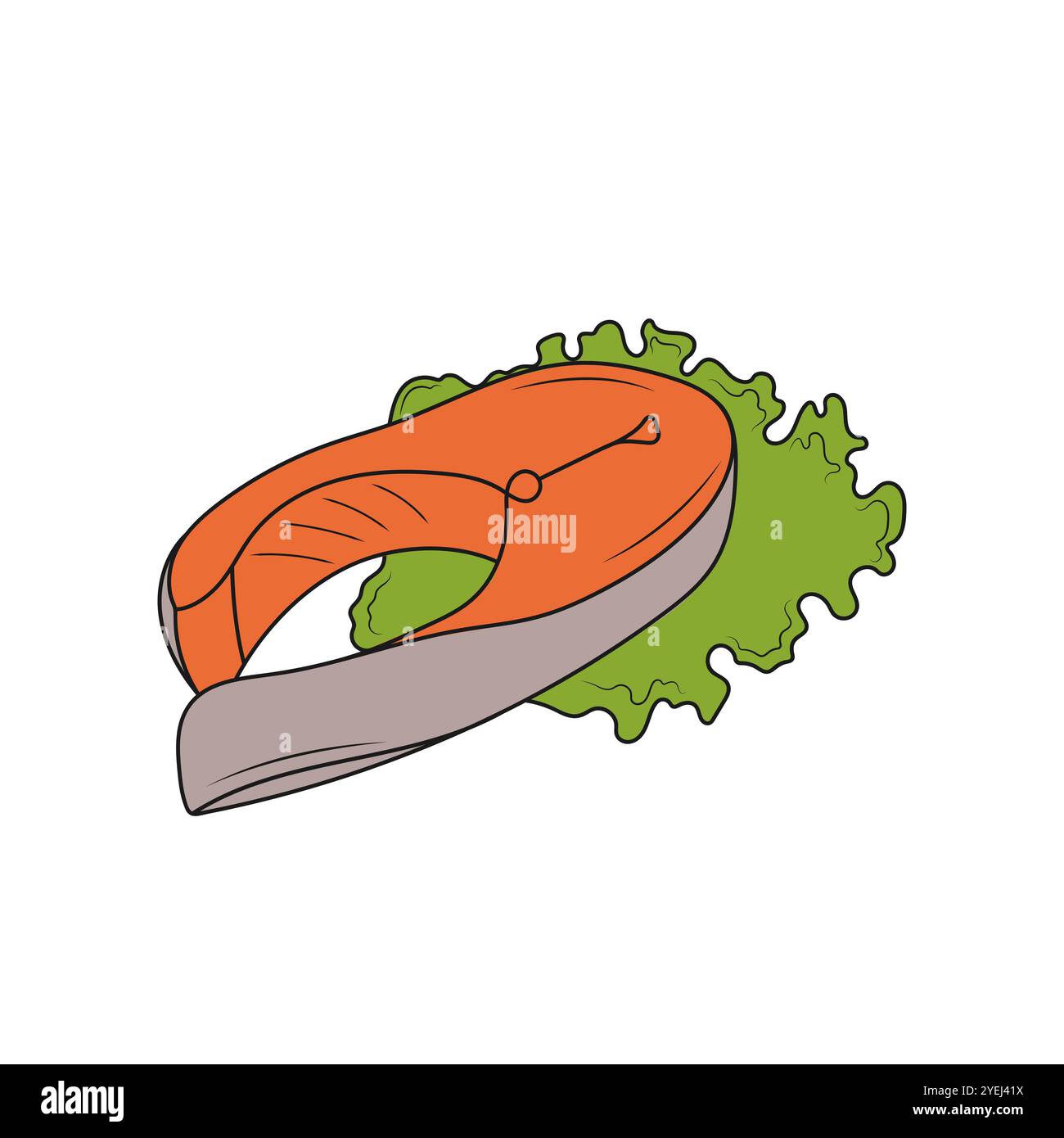 Salmon fish steak on a lettuce leaf. Line art drawing. Hand drawn ...