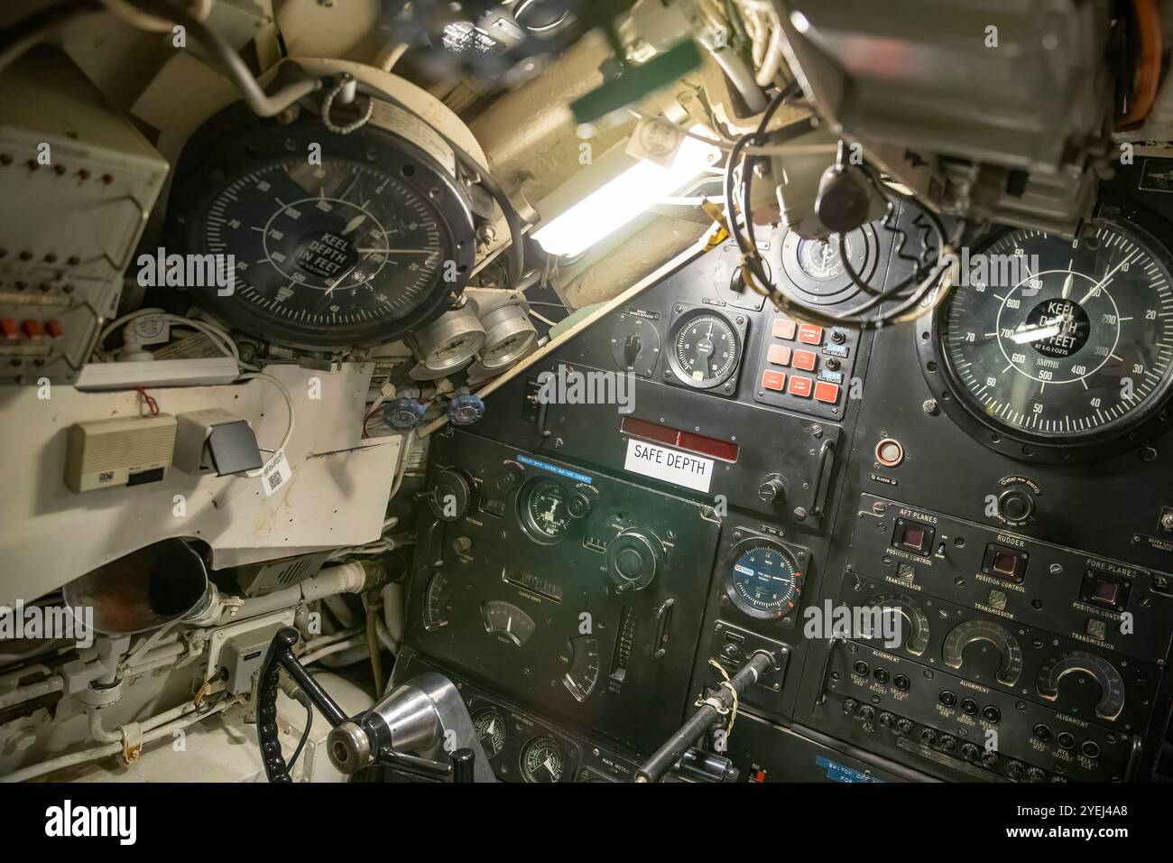 Interior view of a submarine control panel, featuring numerous gauges ...