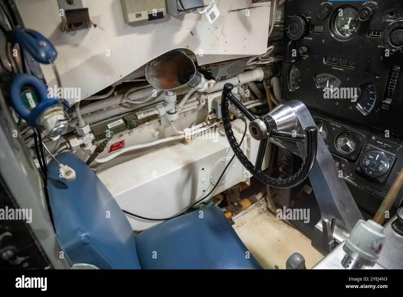 Interior view of a control station, possibly from a military or naval ...