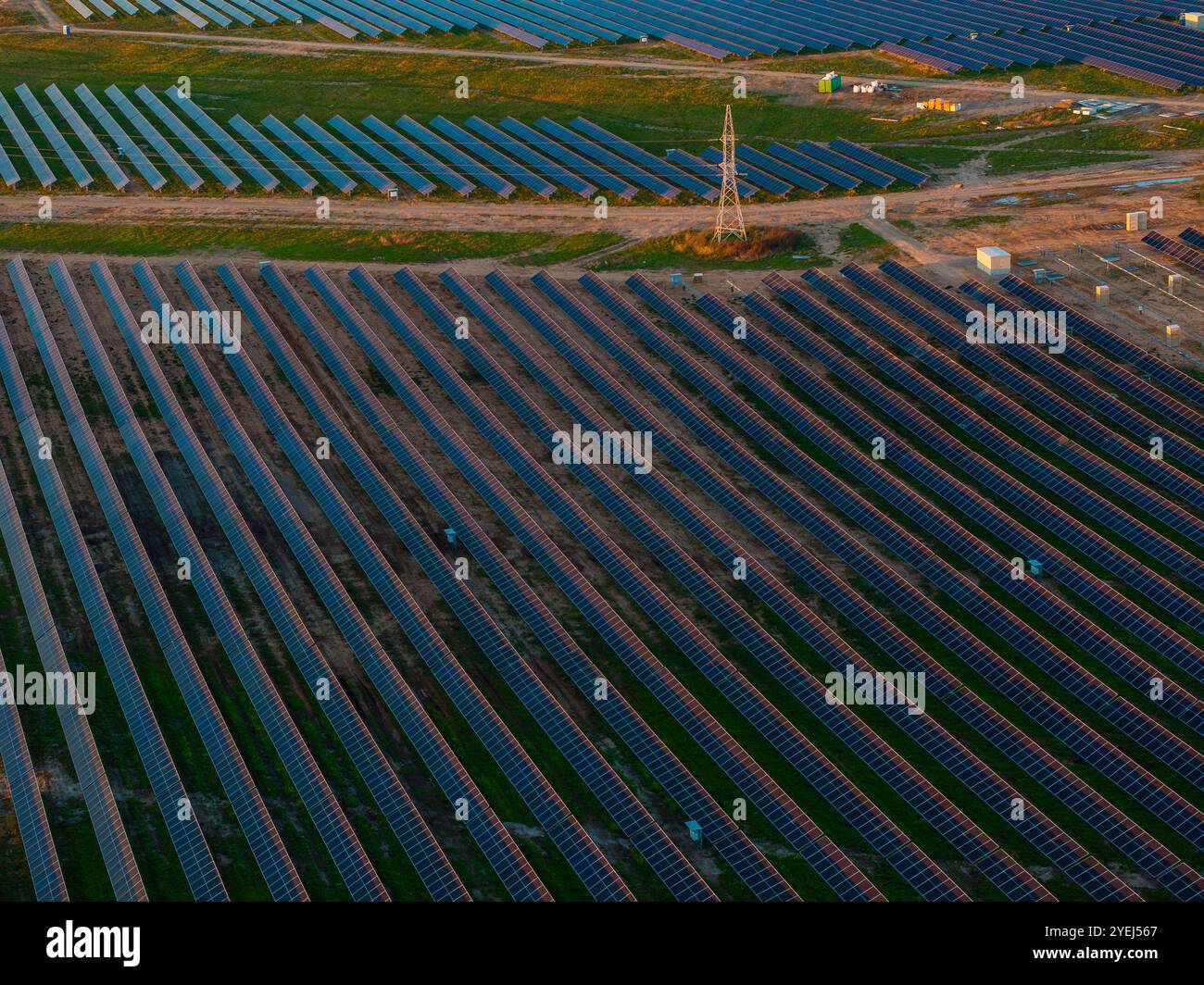 Aerial View of Solar Farm and Transmission Tower in Lithuania Stock ...