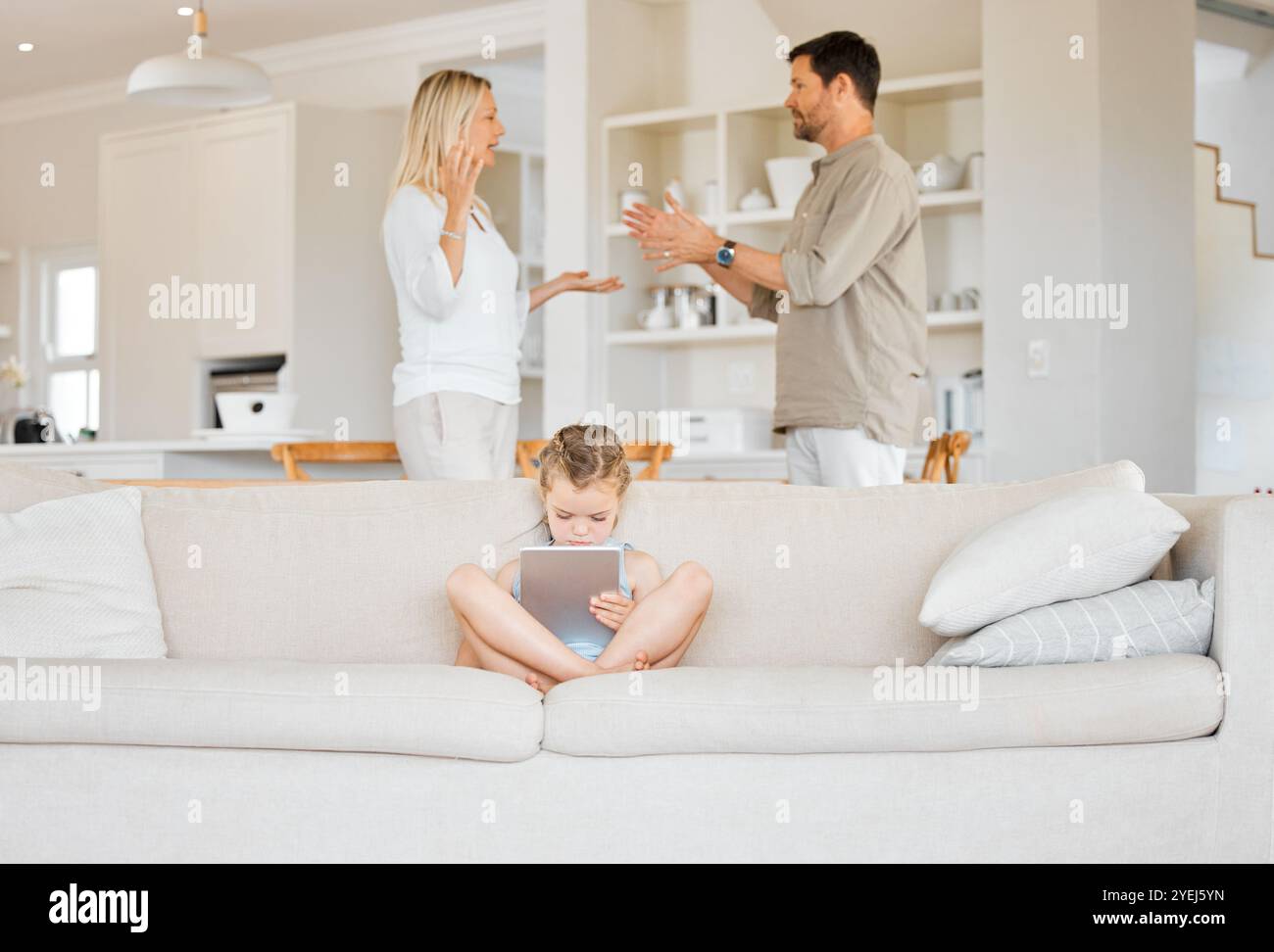 Girl child, tablet and parents fighting in home or argument of toxic ...