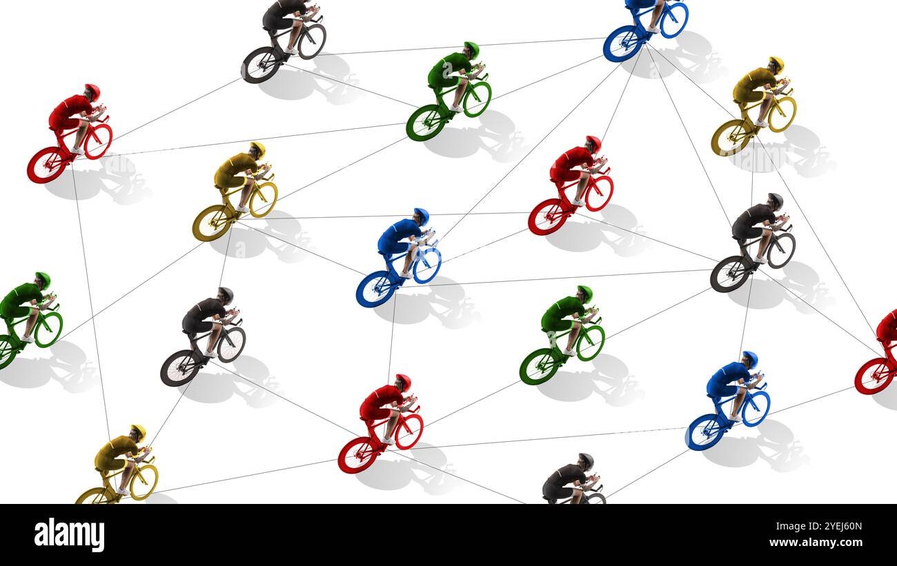Aerial view of cyclists in various colors connected by network ...