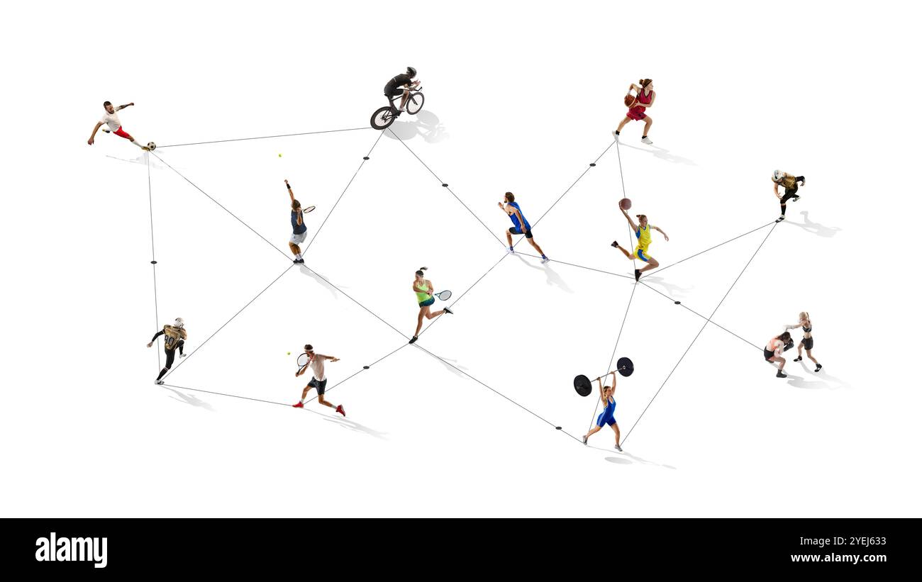 Simple, aerial composition showing athletes connected in network ...