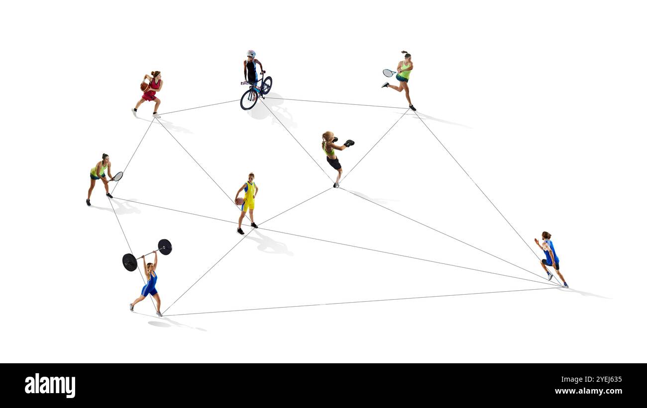 Aerial view showing a variety of athletes connected in a sports network ...