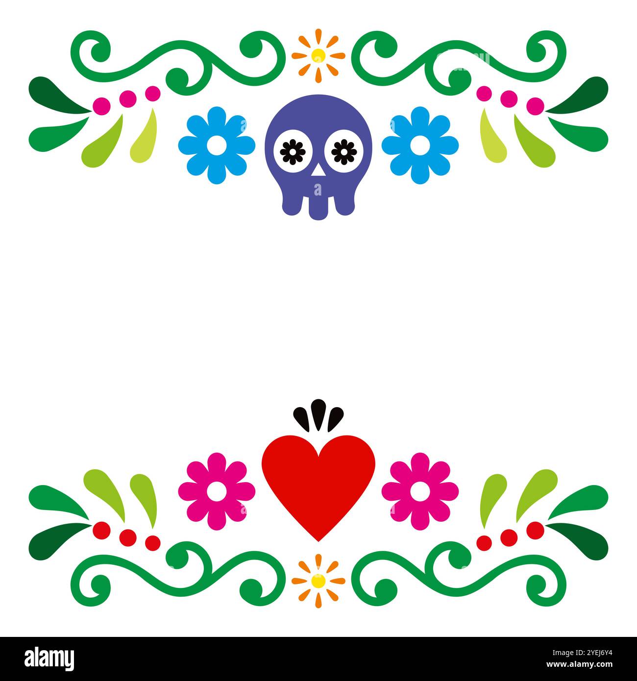 Mexican folk art vector design with skulls and flowers - greeting card ...