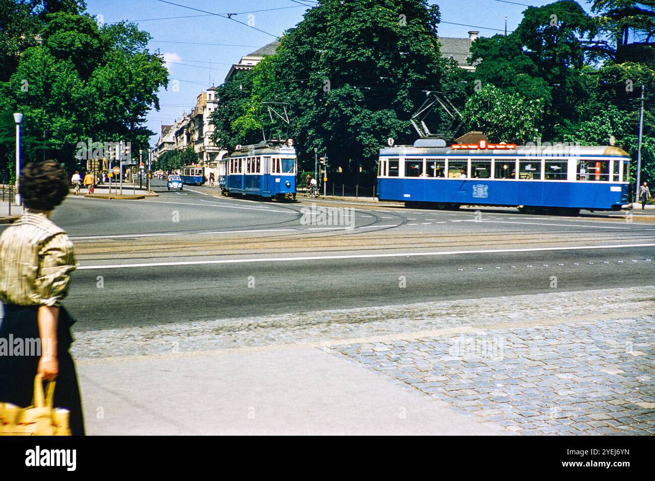 Blue streetcar trams trolleybuses in city centre, Zurich, Switzerland ...