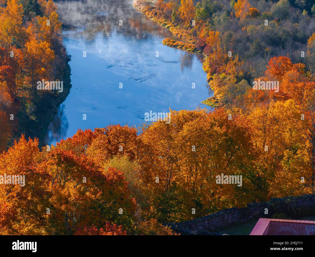 Aerial View of Sigulda's Autumn Landscape with River and Red Roof Stock ...