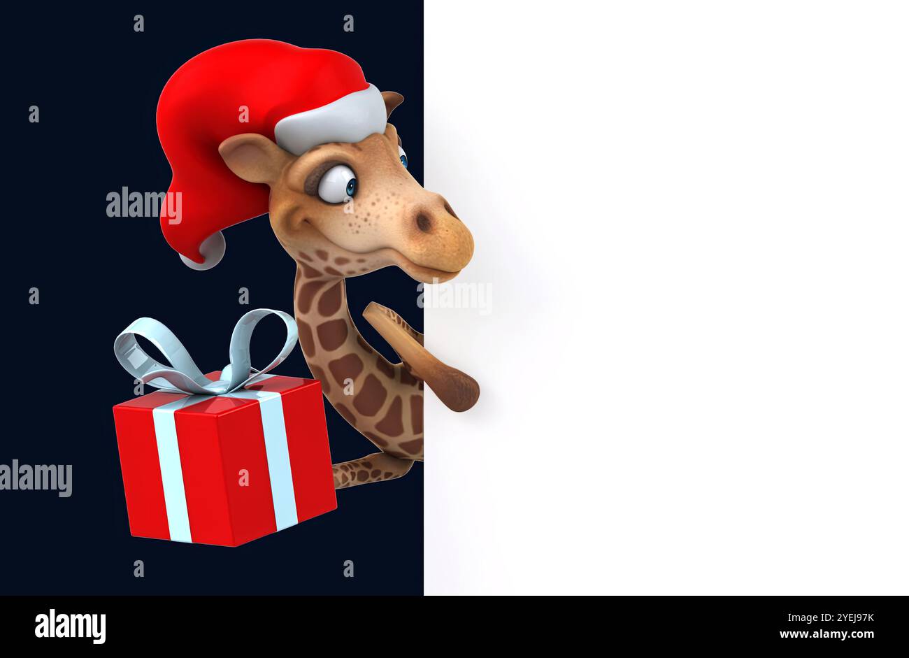 Fun 3D cartoon santa giraffe with a blank sign Stock Photo - Alamy