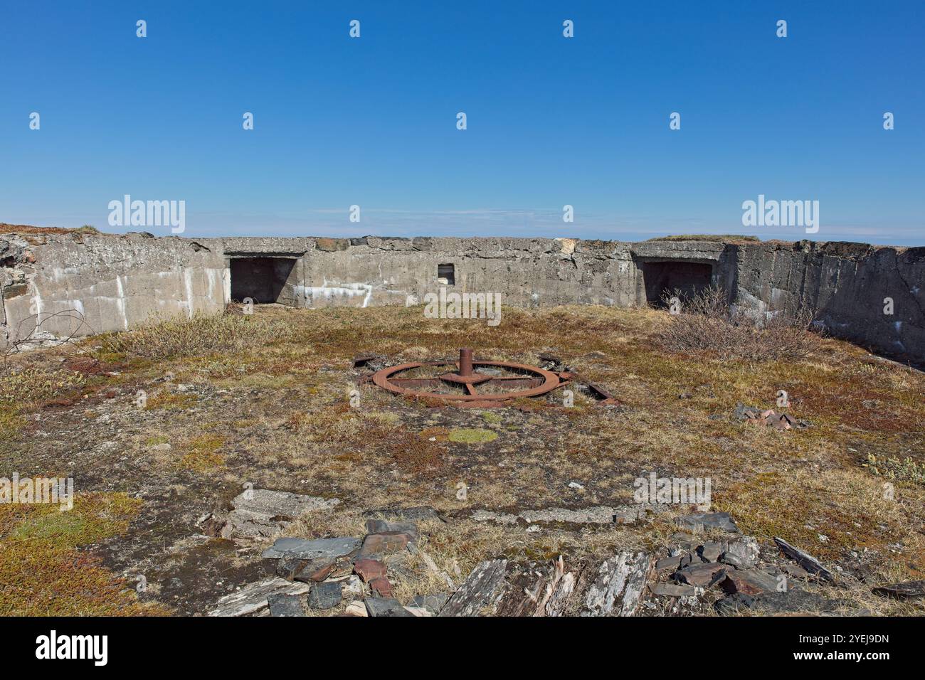 View of old WW2 German artillery battery site at Veidnes in clear blue ...