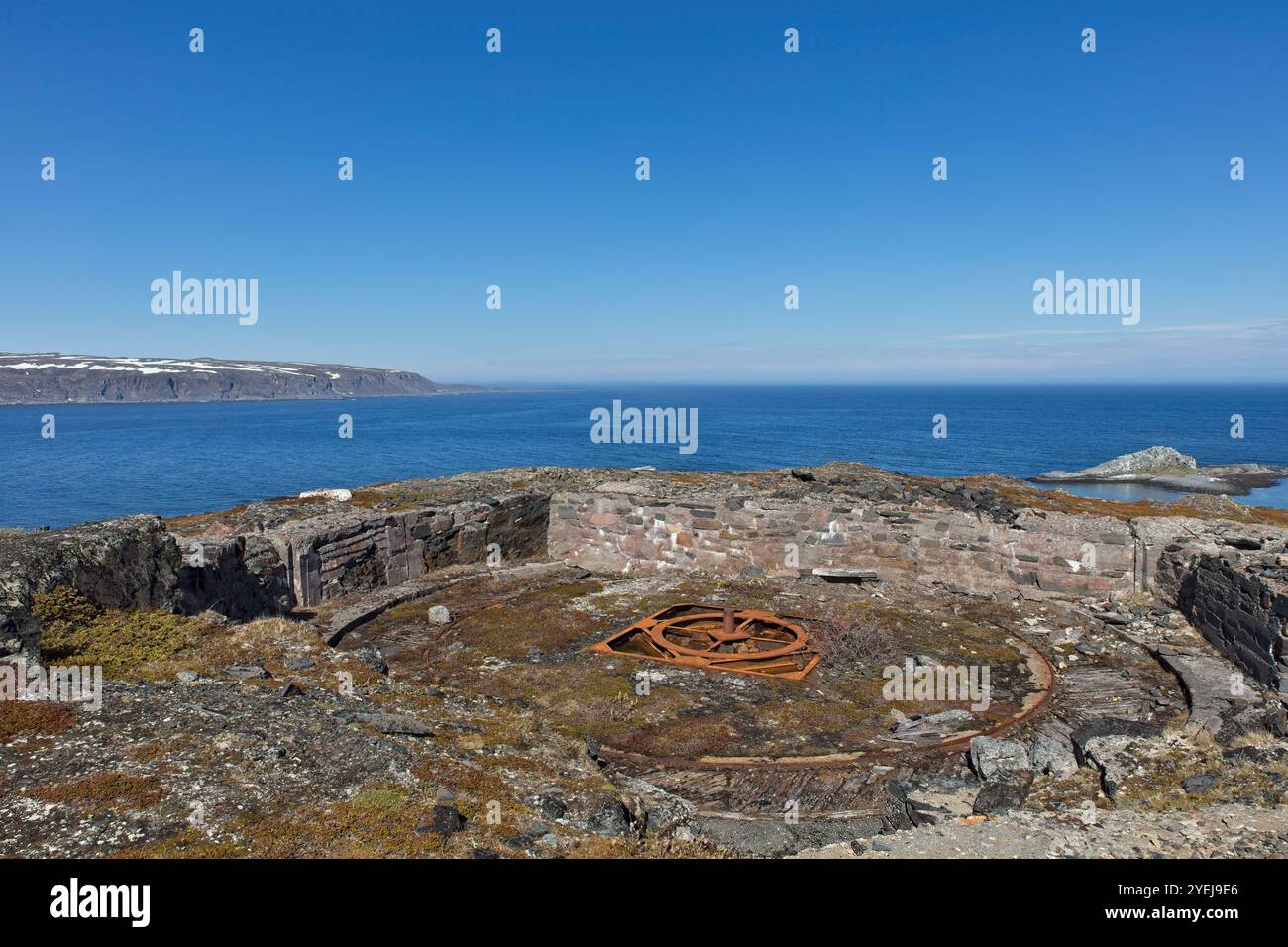 View of old WW2 German artillery battery site at Veidnes in clear blue ...