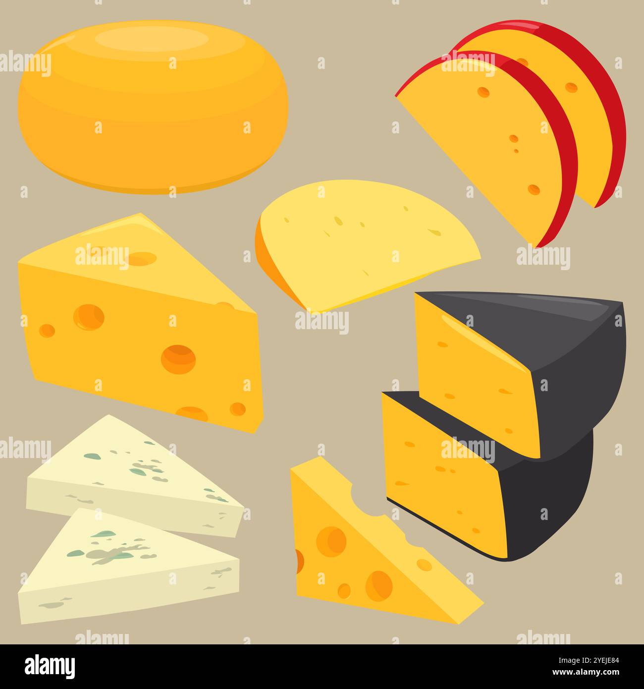 Various types of cheese sliced in pieces. Set of dairy products, Edam ...