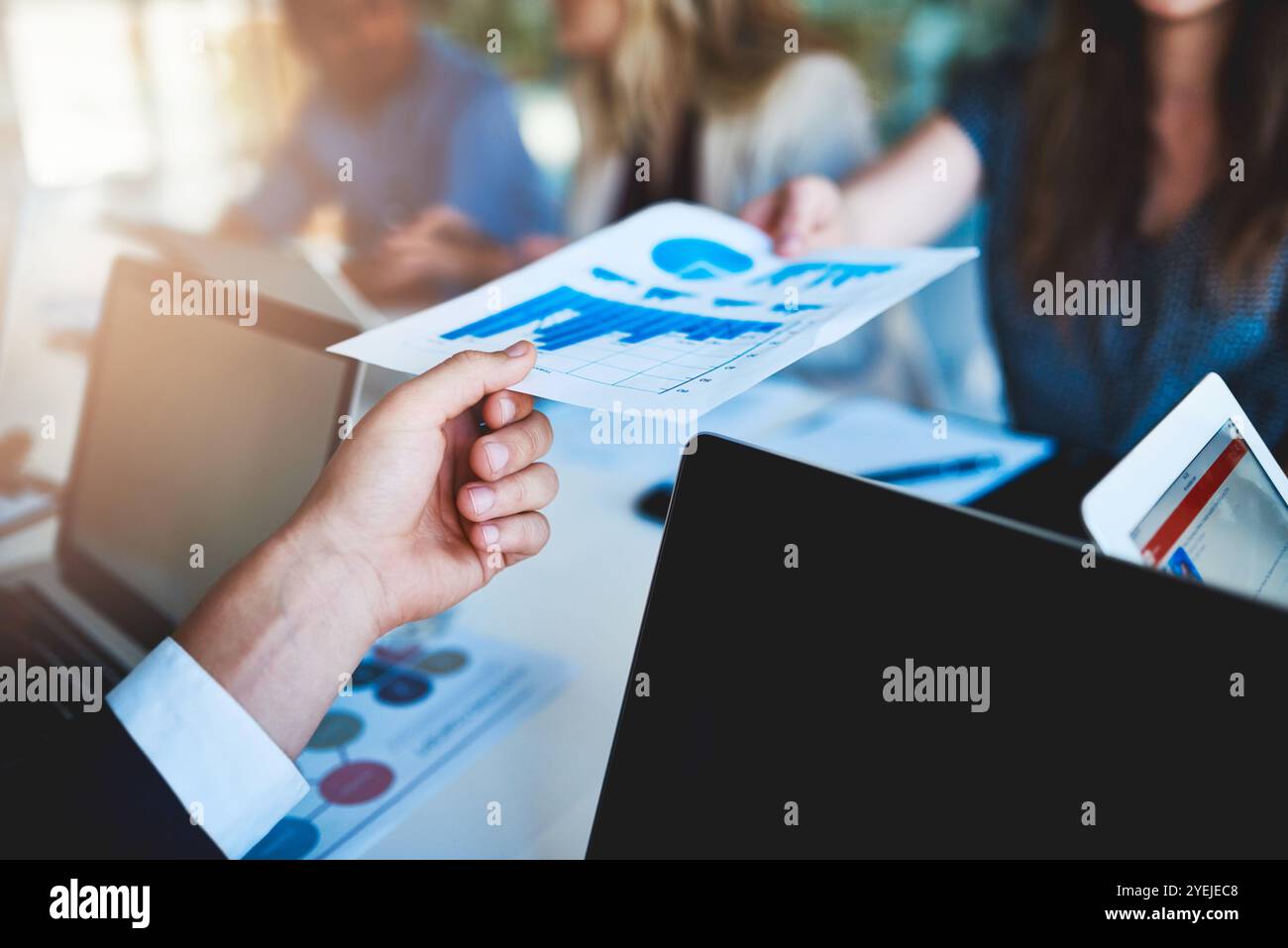 Business people, paperwork and hands with analytics, graph and notes of ...