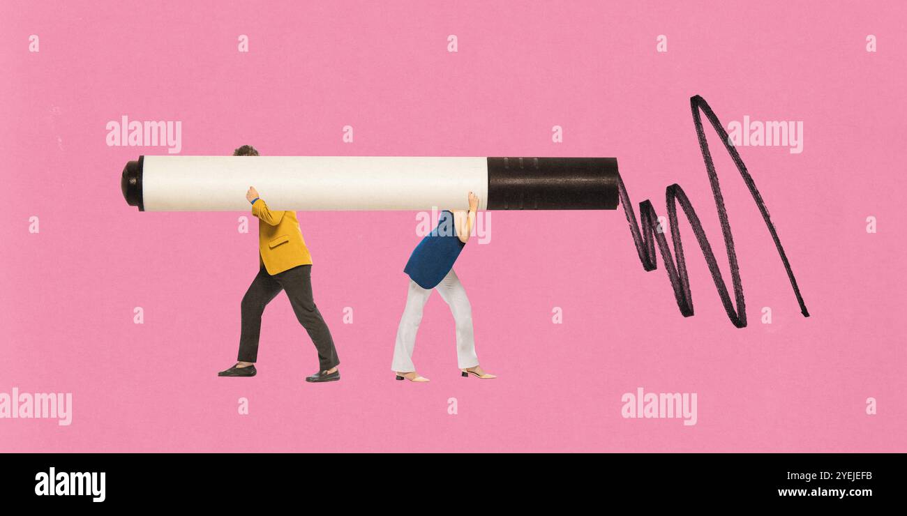 Contemporary art collage. Two professionals walk in opposite directions ...