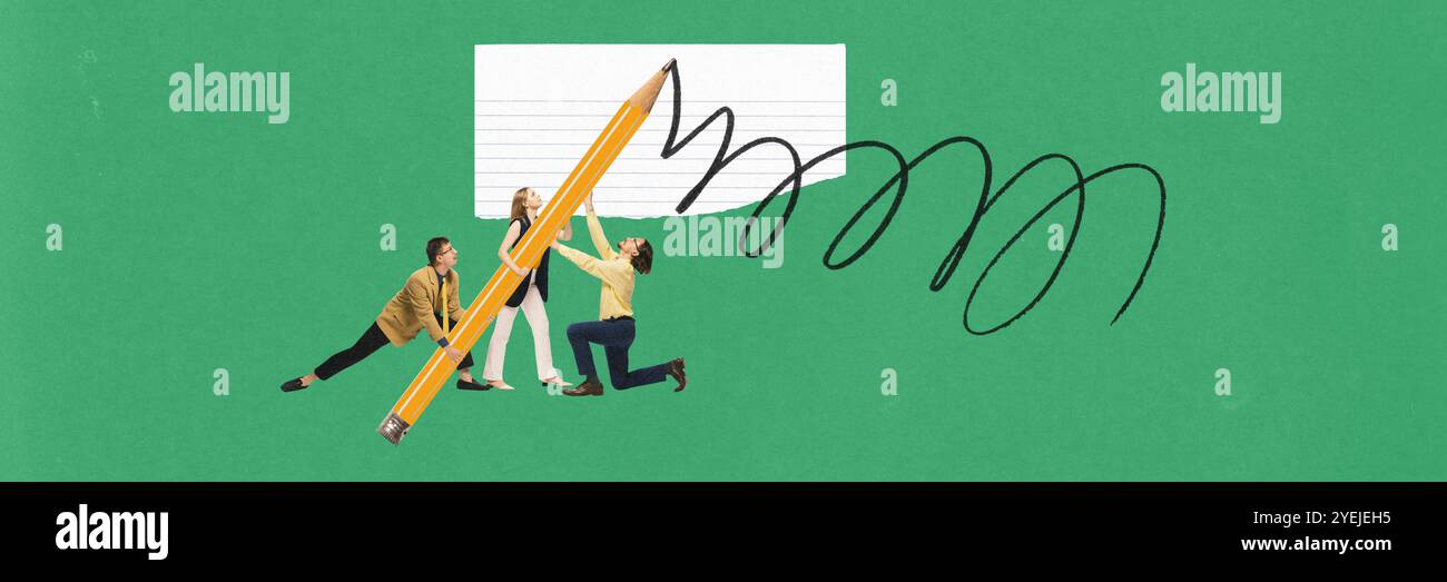 Contemporary art collage. Students hold giant pencil, collaboratively ...