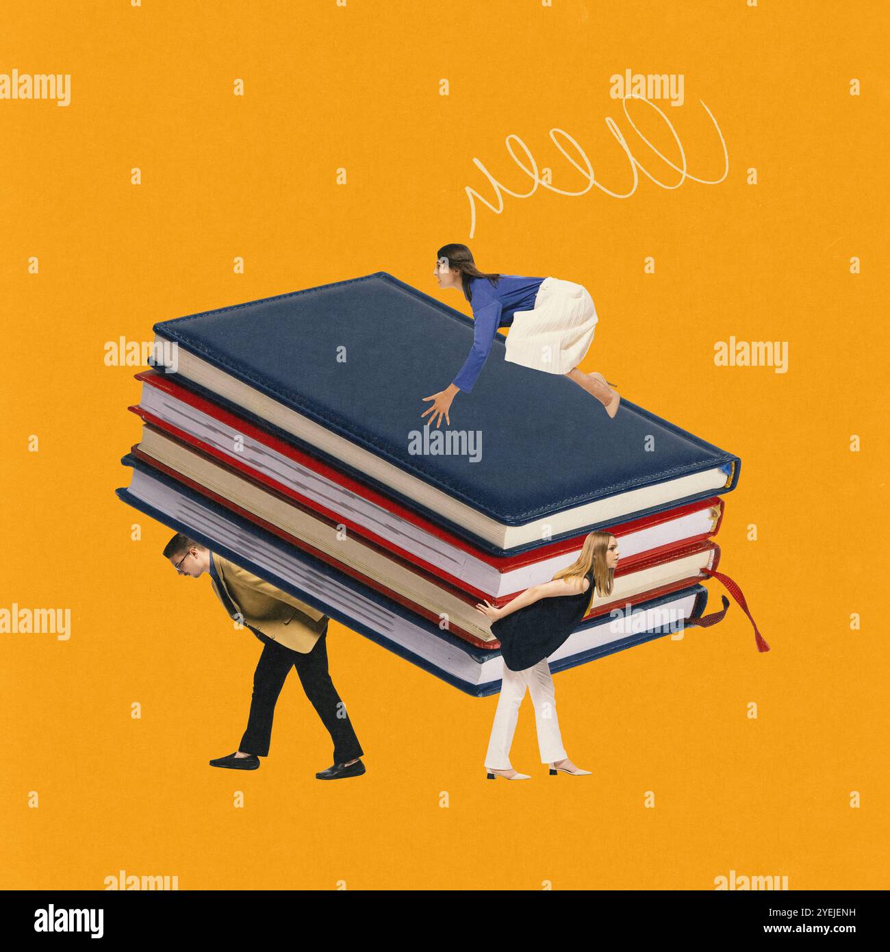 Contemporary art collage. Group of people carries massive stack of ...