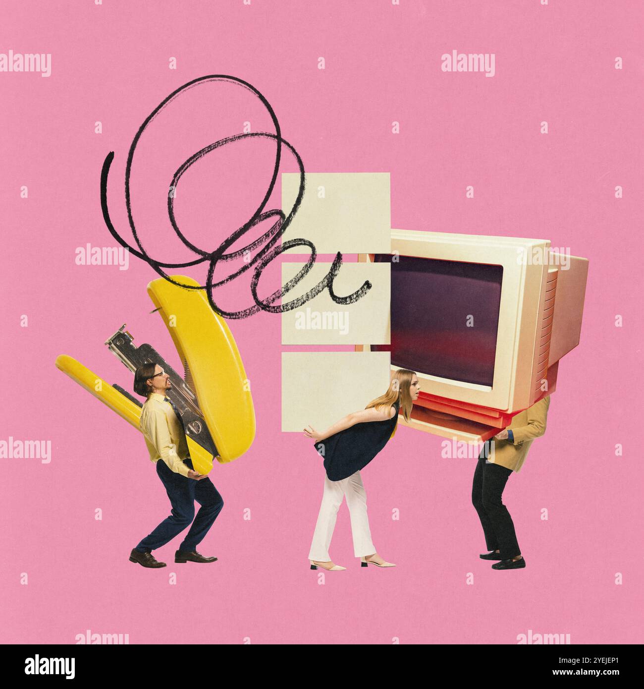 Contemporary art collage. Professionals with giant stapler, digital ...