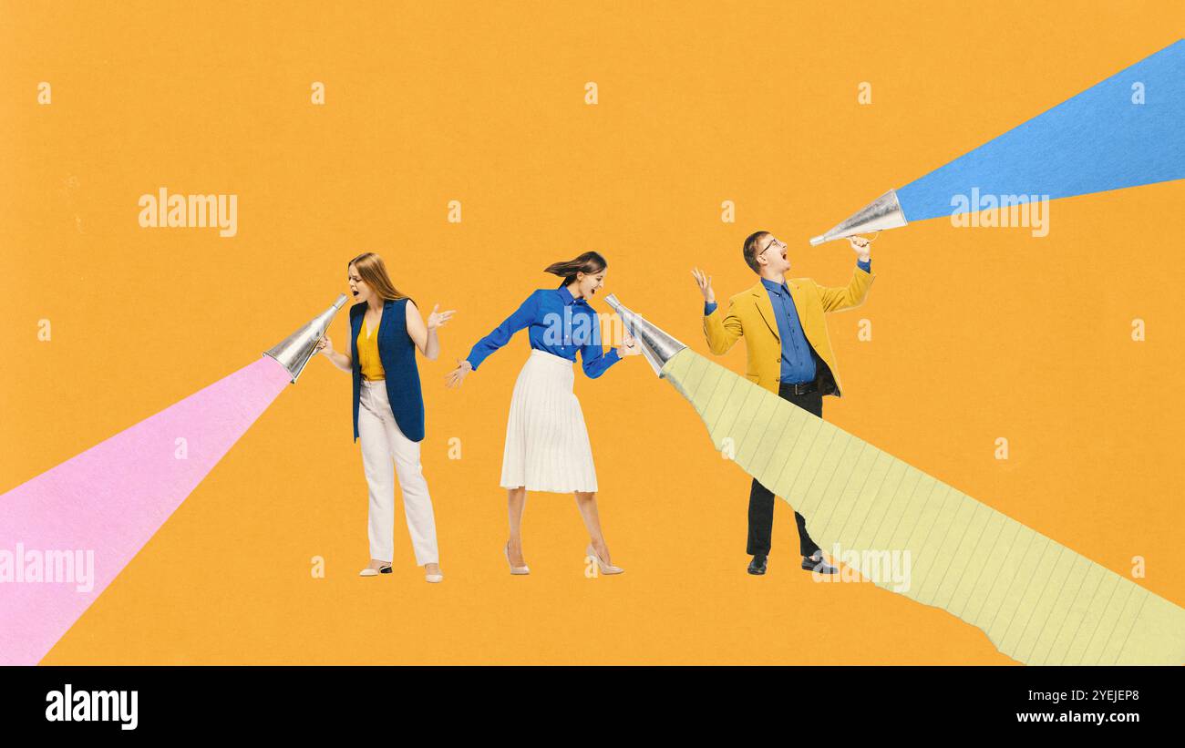 Contemporary art collage. People shout into bullhorns with textured ...