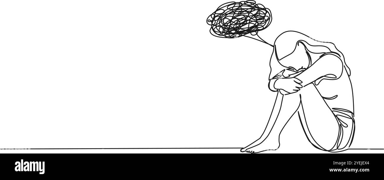 continuous single line drawing of sad and confused young woman sitting ...