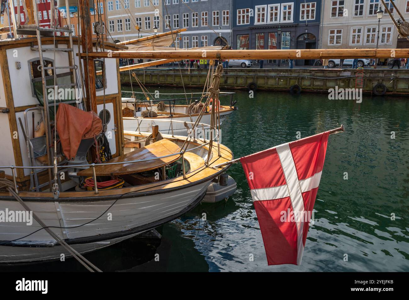 Boat with flag of Denmark in Nyhavn, Copenhagen, Denmark Stock Photo ...