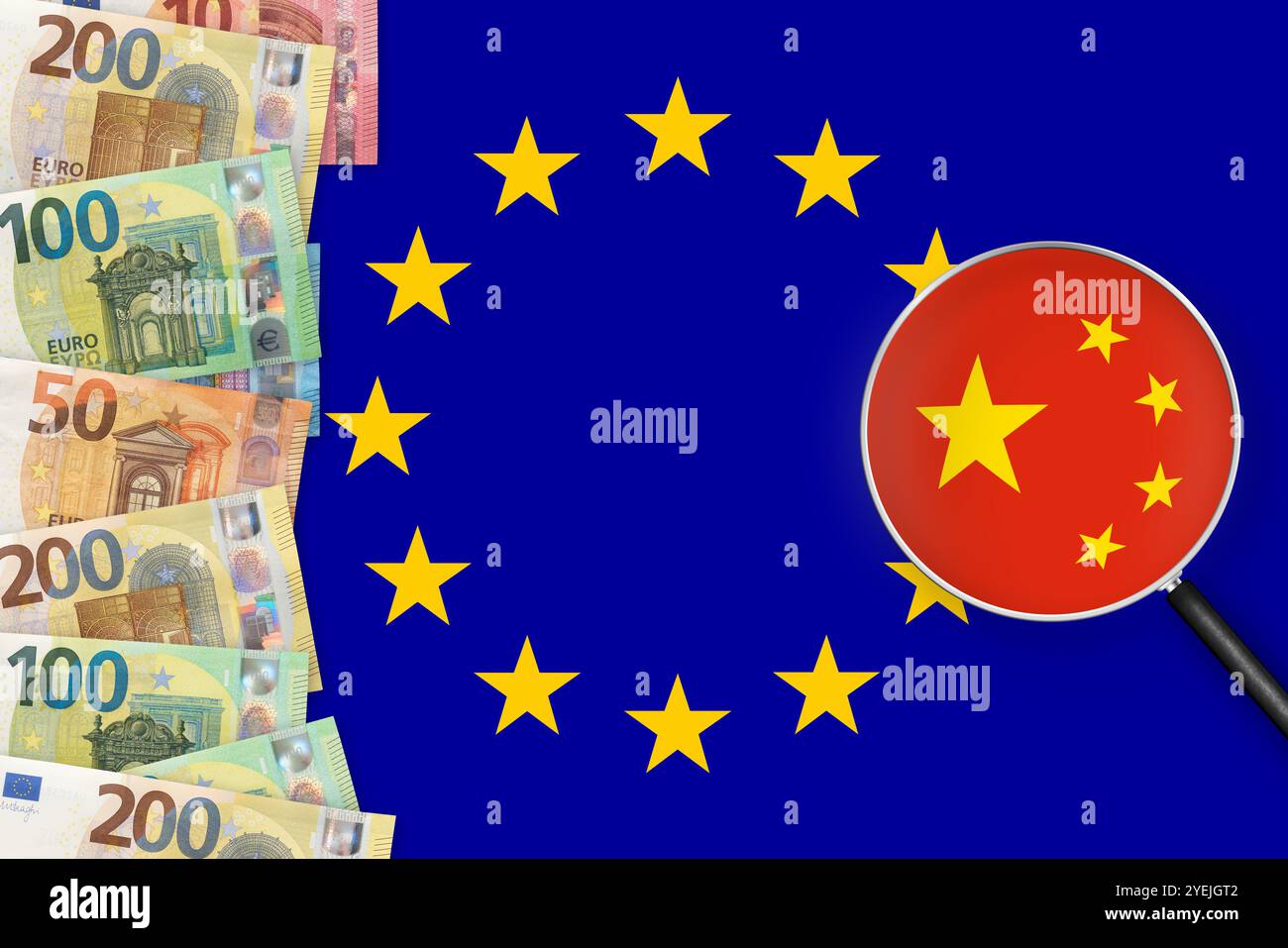 EU flag and China flag view through magnifying glass. China and Europe ...