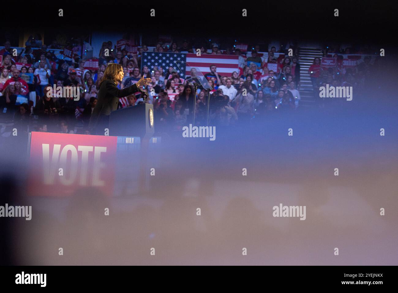 Madison, USA. 30th Oct, 2024. Vice President Kamala Harris delivers a ...